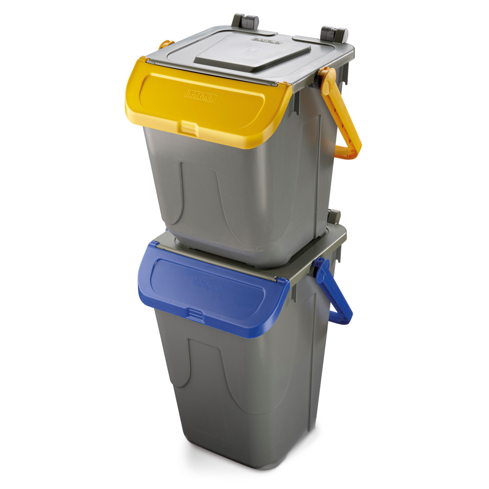 Poubelle marron 35L avec couvercle basculant et anse pratique.